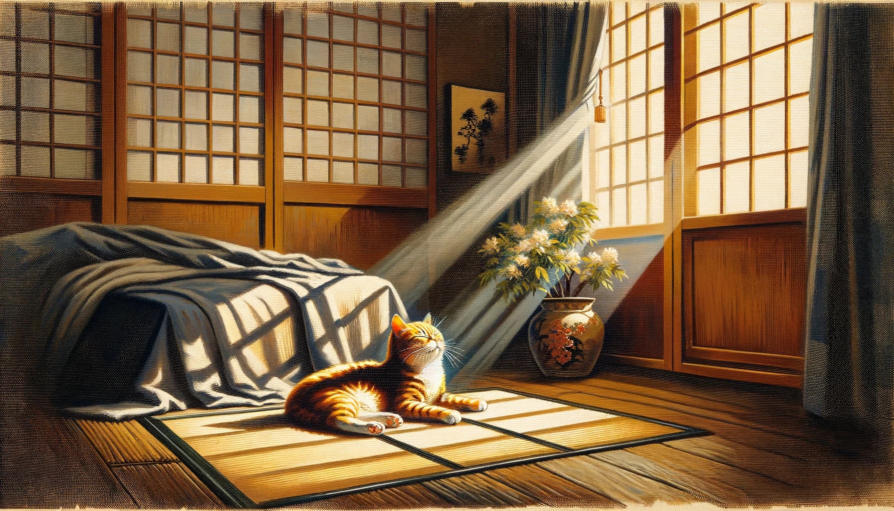 Learn Japanese: neko wa mado de nikkou o abiru. - The cat basks in the ...