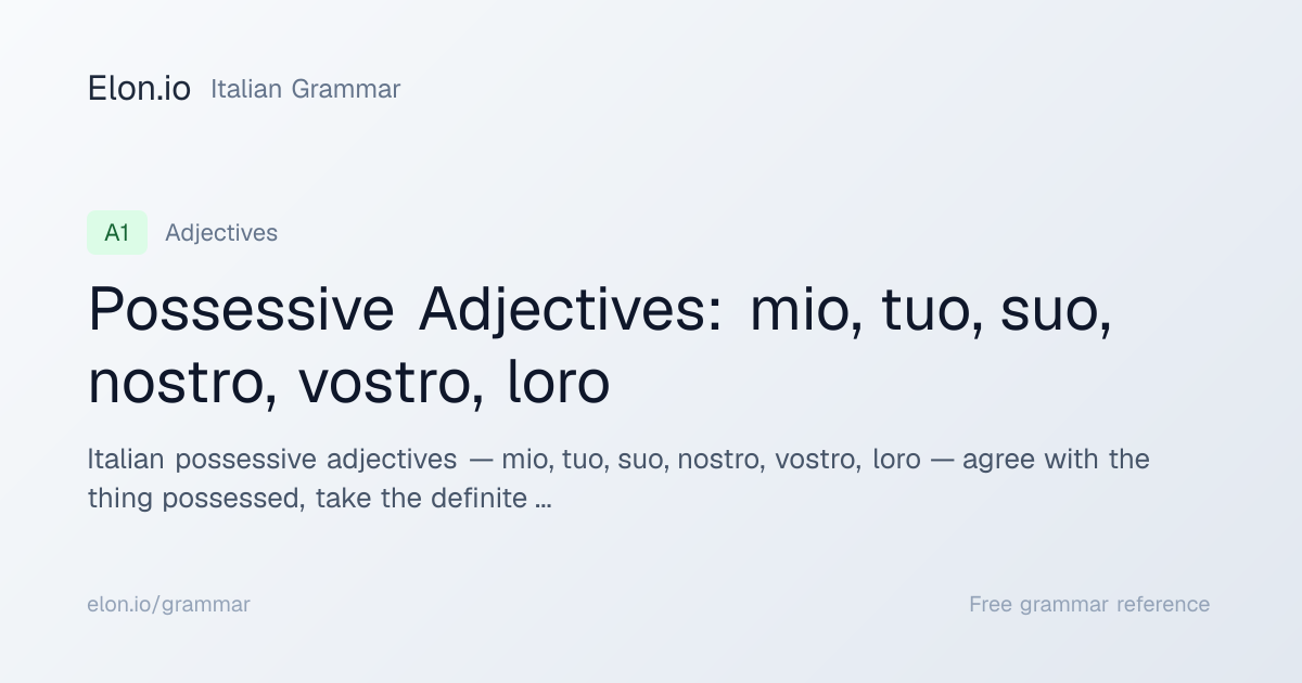 Possessive Adjectives: mio, tuo, suo, nostro, vostro, loro | Italian ...